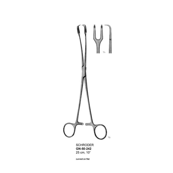 SCHRODER UTERINE TENACULUM FORCEPS, CURVED ON FLAT – 25 CM - Relpro