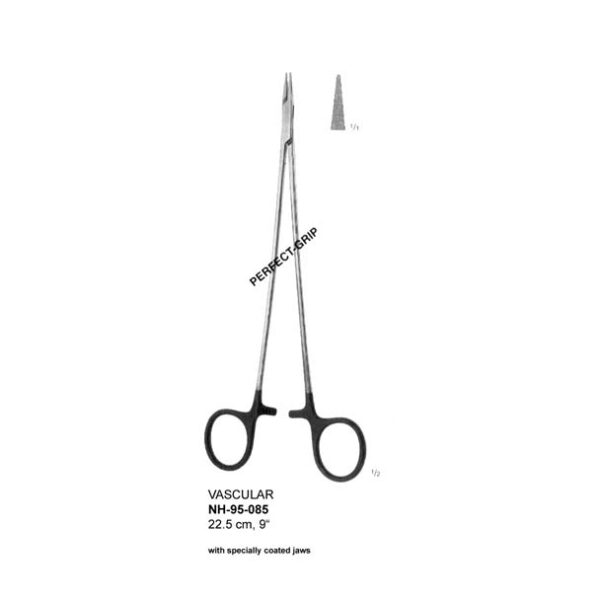 VASCULAR NEEDLE HOLDER WITH SPECIALLY COATED JAWS – 22.5 CM - Relpro